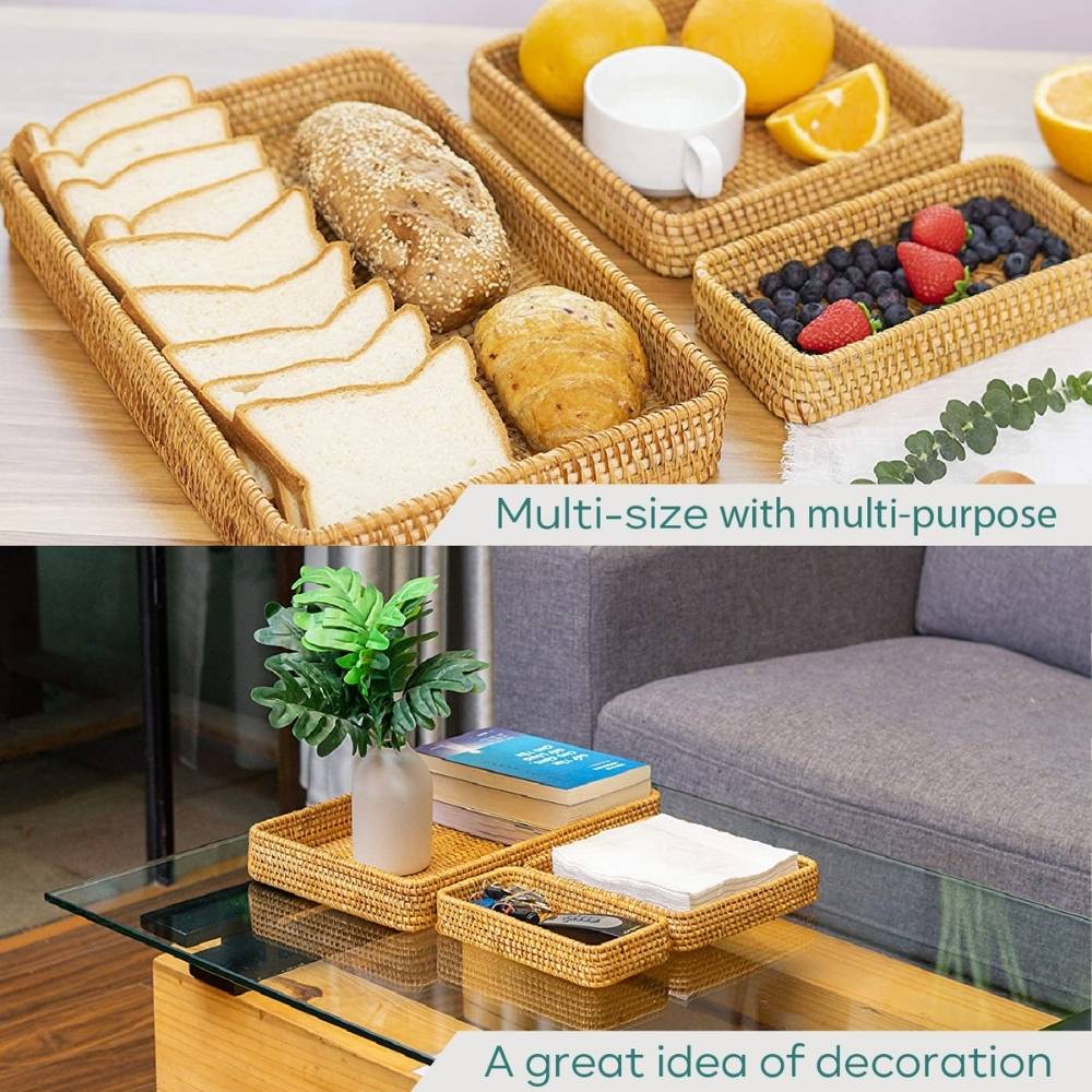Wicker Rectangle Rattan Baskets Trays Serving| Set Of 3 – ENEOCARE
